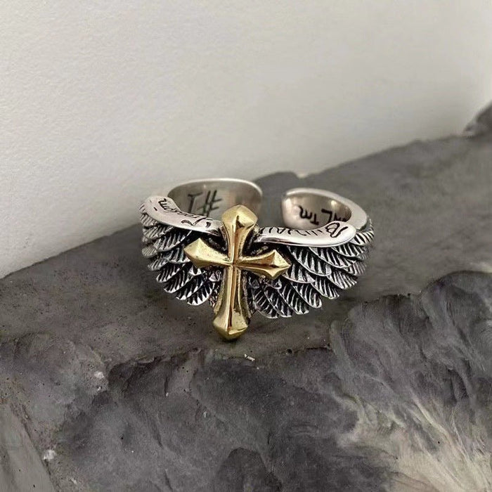 Angel Wings with Cross Open Ring