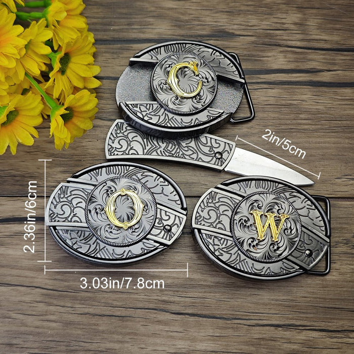 Metal Oval Cowboys Initial A To Z Belt Buckle with Knife