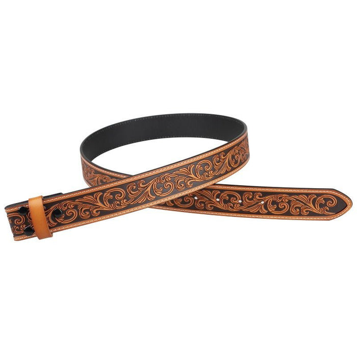 Western Floral Engraved Leather Belt Snap 1.5" Wide, No Buckle