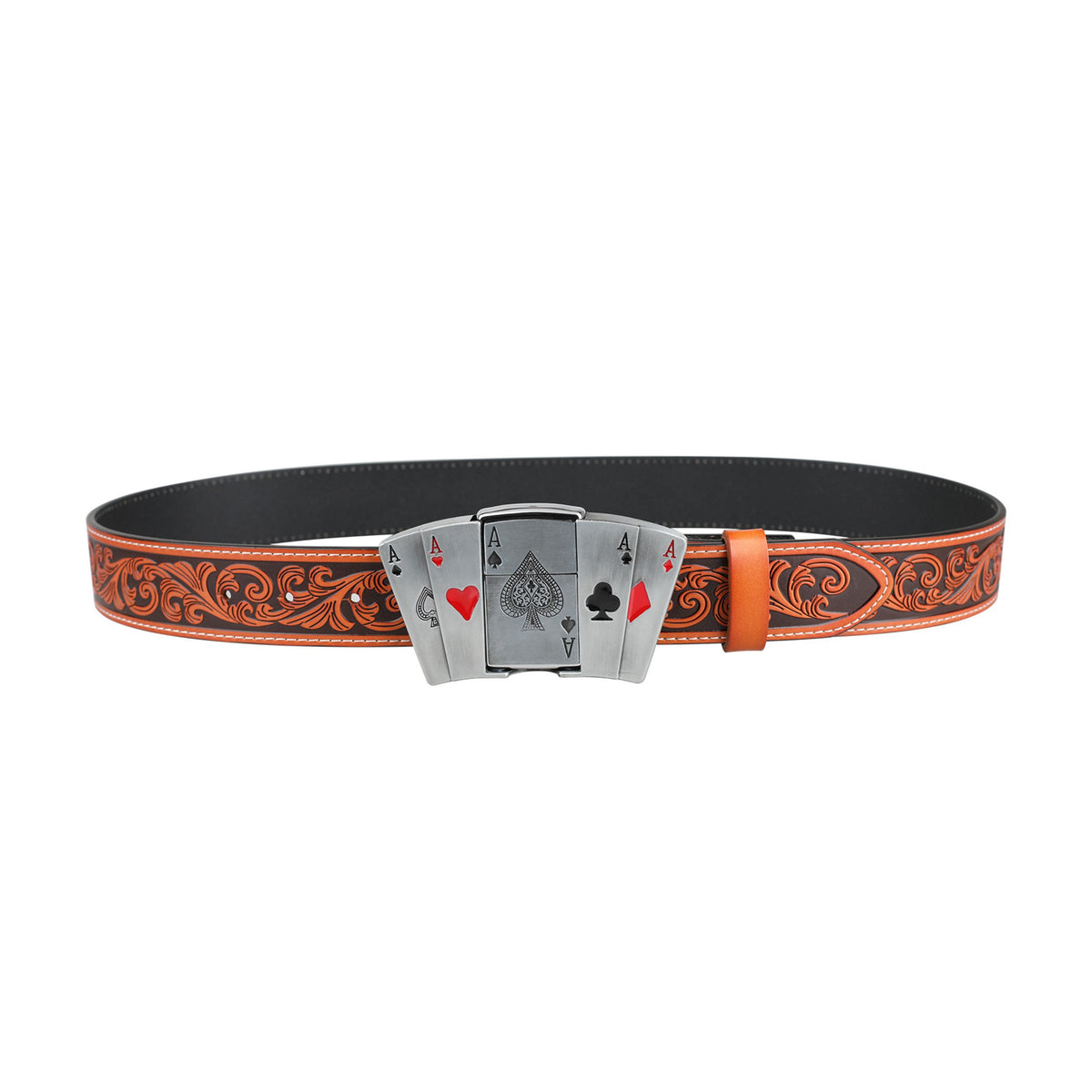 Western Floral Engraved Leather Belt Snap 1.5" Wide, No Buckle