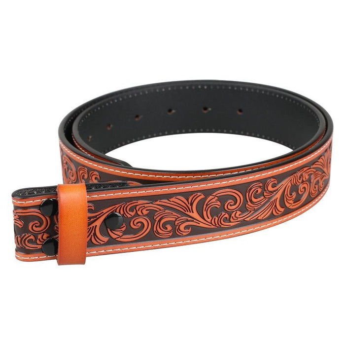 Western Floral Engraved Leather Belt Snap 1.5" Wide, No Buckle