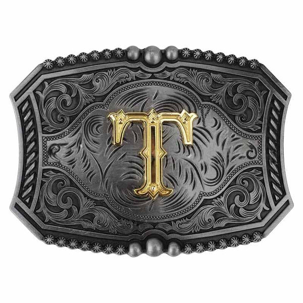 Gold Letters A To Z Grey Western Initial Belt Buckle